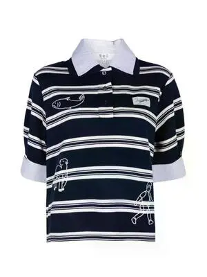 Sea Mina Striped Polo Shirt With Graphic Embroidery - Blue