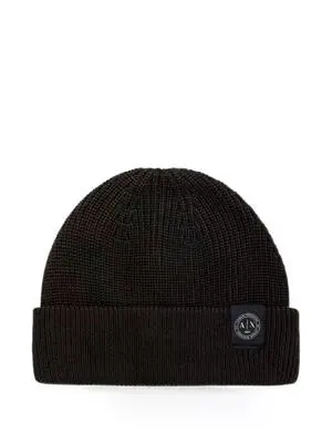 Armani Exchange Logo-patch Ribbed-knit Beanie Hat - Brown