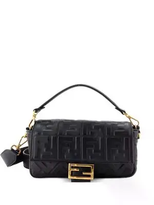 Fendi Baguette Nm Bag Zucca Embossed Leather Medium Crossbody Bag - Black