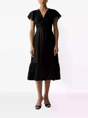 MORGAN Embroidered Flutter-sleeve Midi Dress - Black