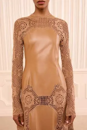 Ulla Johnson Emi Long Sleeve Crochet & Leather Dress