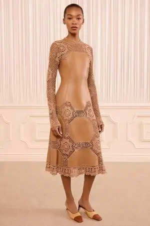 Ulla Johnson Emi Long Sleeve Crochet & Leather Dress