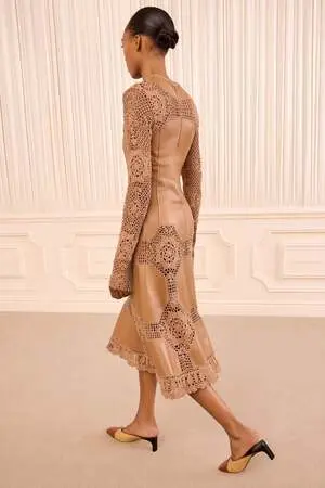 Ulla Johnson Emi Long Sleeve Crochet & Leather Dress