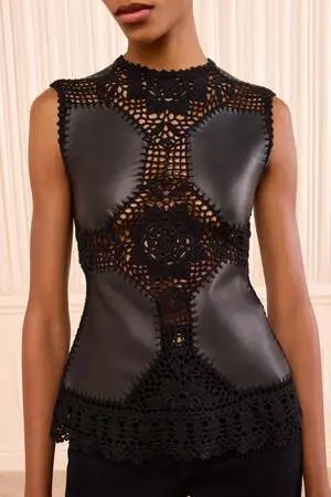 Ulla Johnson Livia Sleeveless Crochet & Leather Top