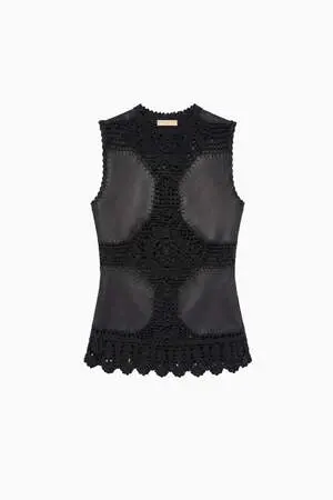 Ulla Johnson Livia Sleeveless Crochet & Leather Top