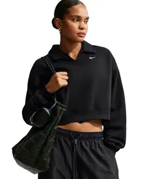 Nike Studio Fleece Medium Weight Oversized Cropped Polo - Black