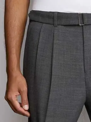 REISS Tailored Fit Wool-blend Belted Pleated Trousers - Soft Grey