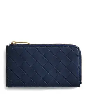 Bottega Veneta Leather Intrecciato L-zip Card Holder - Blue
