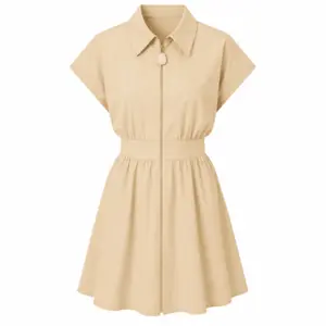 EXQUISE Sleeveless Collared Elasticated Waist Mini Shirt Dress - Beige