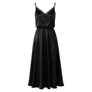 EXQUISE Satin Midi Skirt With Lace Trim - Black