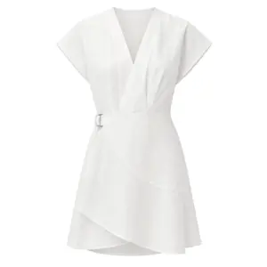 EXQUISE Callanne V Neck Cap Sleeve Linen Mini Dress Ecru