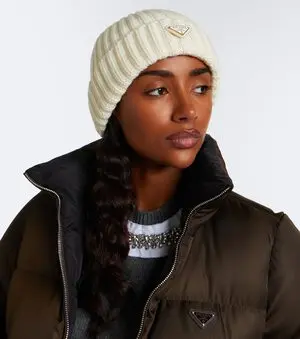 Prada Ribbed-knit Virgin Wool Beanie - Beige
