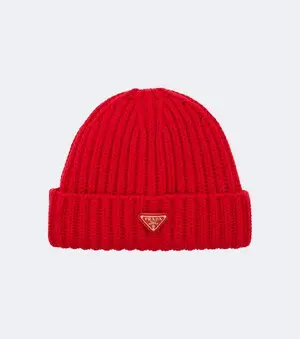 Prada Ribbed-knit Virgin Wool Beanie Red