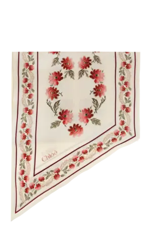 Chloé Silk Scarf With Floral Motif - Cream