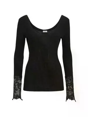 Brunello Cucinelli Ribbed Wool Jersey Sweater With Dazzling Lace-embroidery Cuffs - Black