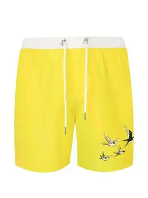 EXIT SOCIETY Bird-print Drawstring Swim Shorts - Yellow