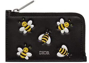 Dior X Kaws Zipped Card And Coin Holder Yellow Bees - Black