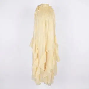 MODENAIRE Halter Neck Maxi Dress With Ruffle Layers And Waist Tie - Yellow