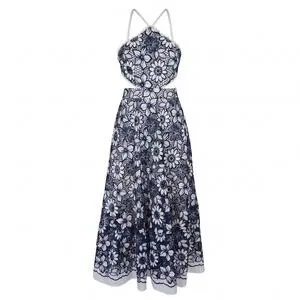 MODENAIRE Halter Dress With Vintage Embroidery And Cutout Waist - Blue