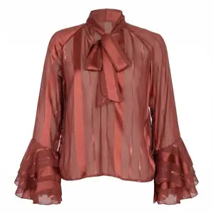 MODENAIRE Sheer Blouse With Tie Neck Detail And Bell Sleeves - Red