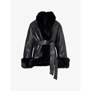 ROTATE BY BIRGER CHRISTENSEN Shawl Collar Belted Leather Jacket With Faux Fur Trim