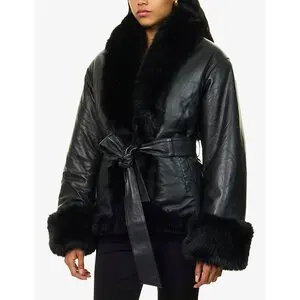 ROTATE BY BIRGER CHRISTENSEN Shawl Collar Belted Leather Jacket With Faux Fur Trim