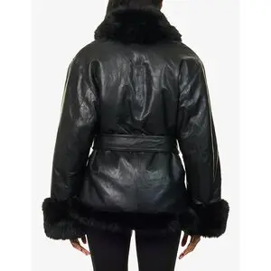 ROTATE BY BIRGER CHRISTENSEN Shawl Collar Belted Leather Jacket With Faux Fur Trim