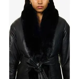 ROTATE BY BIRGER CHRISTENSEN Shawl Collar Belted Leather Jacket With Faux Fur Trim