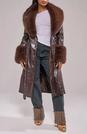 AZALEA WANG Faux Leather Trench Coat - Espresso