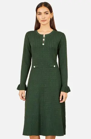 YUMI Long Sleeve Knitted Midi Dress - Green