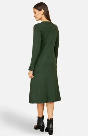 YUMI Long Sleeve Knitted Midi Dress - Green