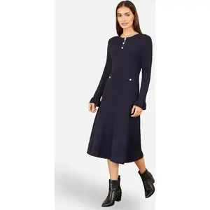 YUMI Long Sleeve Knitted Midi Dress Navy