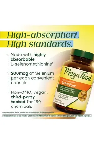 MEGAFOOD High Absorption Selenium 200mcg Capsules, Thyroid & Antioxidant Support, Vegan
