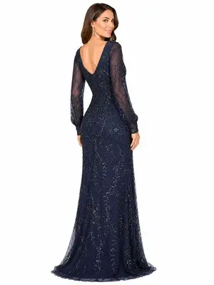 LARA NEW YORK V-neck Beaded Gown With Sleeves