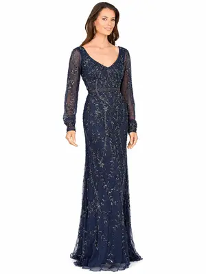 LARA NEW YORK V-neck Beaded Gown With Sleeves - Navy