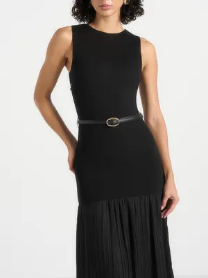 Manière De Voir Emma Crew Neck Belted Pleated Maxi Dress