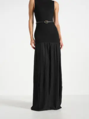 Manière De Voir Emma Crew Neck Belted Pleated Maxi Dress