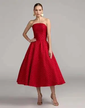 Mac Duggal Strapless Polka Dot Brocade Midi Dress