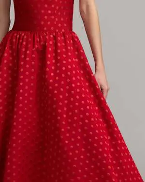Mac Duggal Strapless Polka Dot Brocade Midi Dress