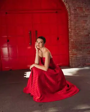 Mac Duggal Strapless Polka Dot Brocade Midi Dress