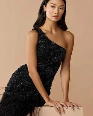 MAC DUGGAL COLLECTION Embellished Lace One Shoulder Feather Gown