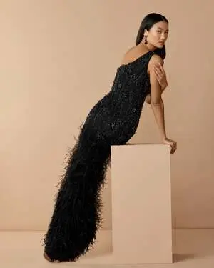 MAC DUGGAL COLLECTION Embellished Lace One Shoulder Feather Gown