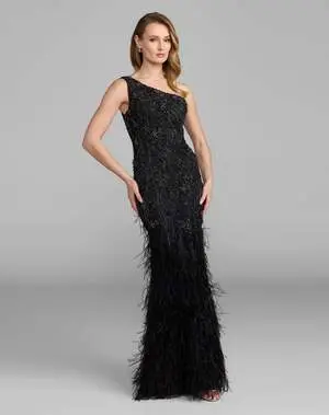 MAC DUGGAL COLLECTION Embellished Lace One Shoulder Feather Gown