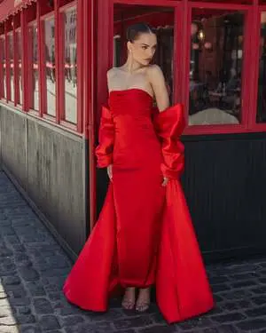 Mac Duggal Satin Column Gown With Oversized Bow Detail