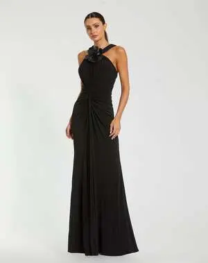 Mac Duggal Jersey Halter Neck Gown With 3d Flower