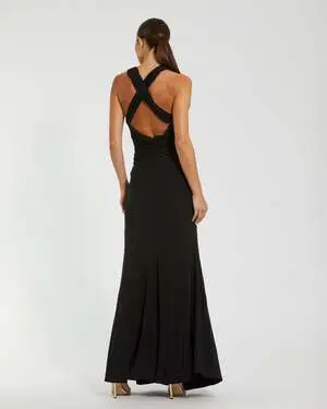 Mac Duggal Jersey Halter Neck Gown With 3d Flower