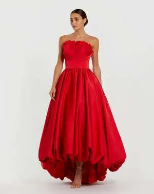 Mac Duggal Strapless Bubble Hem High Low Ball Gown
