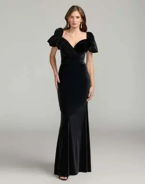 Mac Duggal Velvet Gown With Puff Sleeves