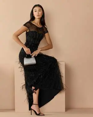 MAC DUGGAL COLLECTION Rhinestone Embellished Illusion Neck Feather Gown