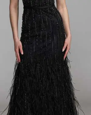 MAC DUGGAL COLLECTION Rhinestone Embellished Illusion Neck Feather Gown